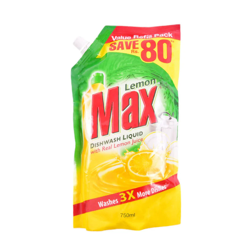 LEMON MAX DISHWASH LIQUID LEMON POUCH 750 ML – kharedo